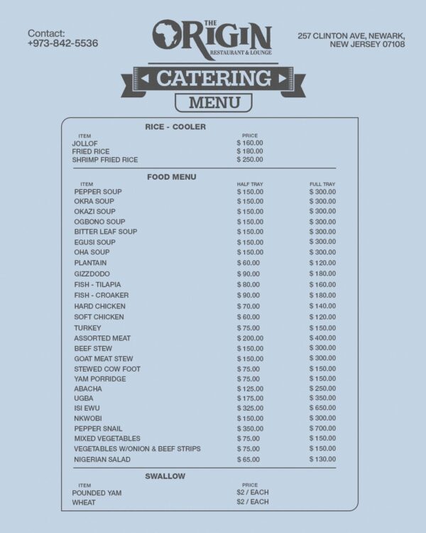 Catering Menu | The Origin lounge