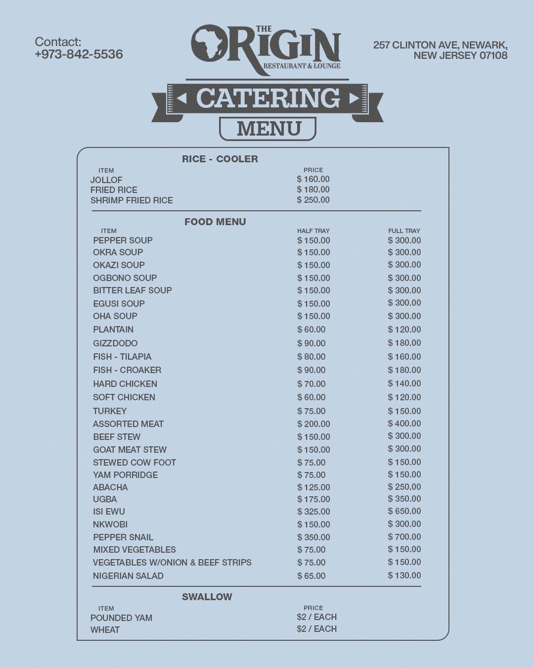 Catering Menu | The Origin lounge for Delicious African food